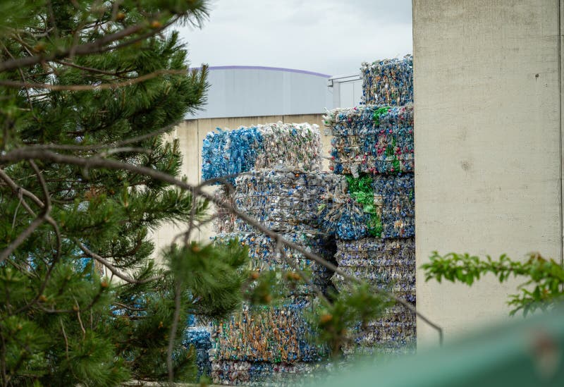 Compressed Plastic Bottles Stacked Outside Recycling Facility in ...
