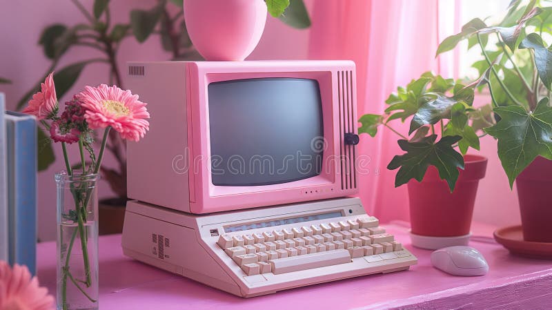 Computadora Vintage Con Colores Rosados Stock de ilustración ...