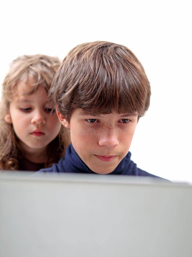 Kids Shocked by Something on Computer Stock Photo - Image of ...
