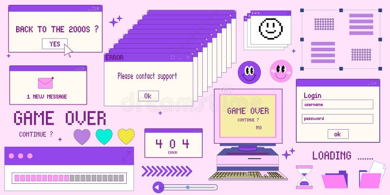 Big Sticker Set in Trendy Y2k Style. Old Computer Aestethic. Retro Pc ...