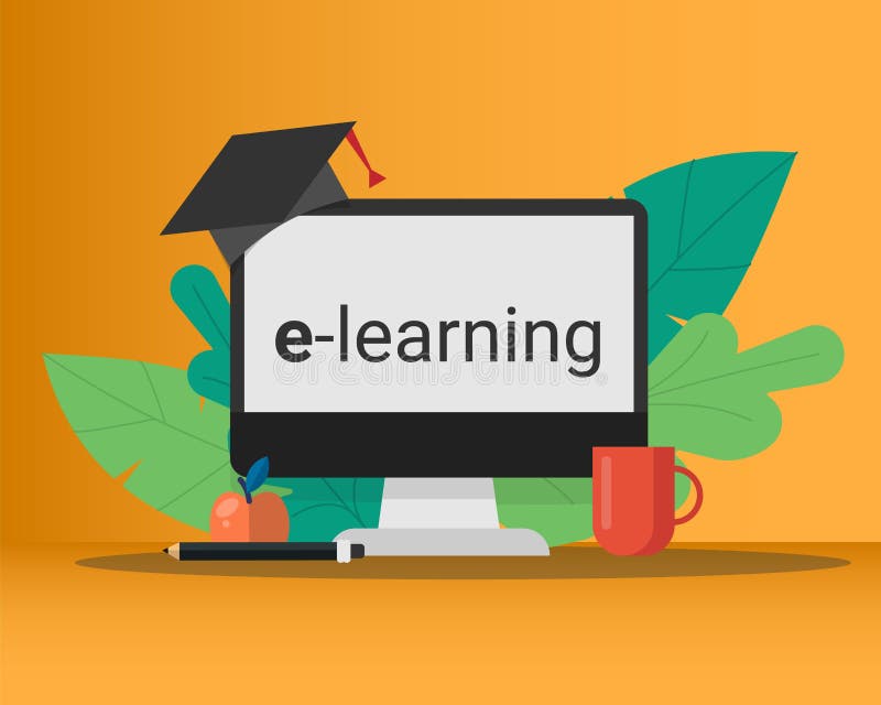 Computer with Academic Cap on Desk, Educational Illustration, Orange ...