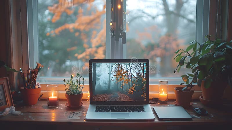 Computer Against the Backdrop of a Window with Autumn Trees. Home ...