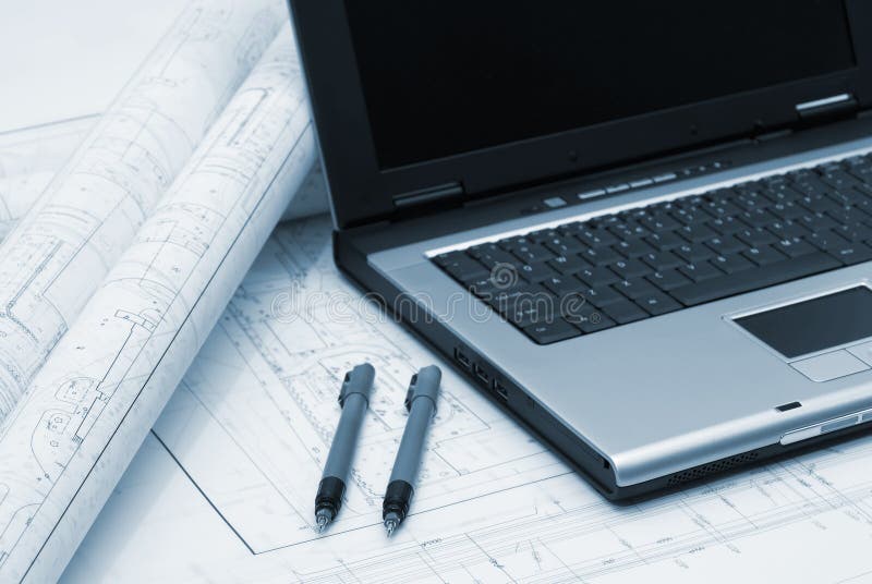 Computer and Architectural Plans in Blue Tint Stock Image - Image of ...