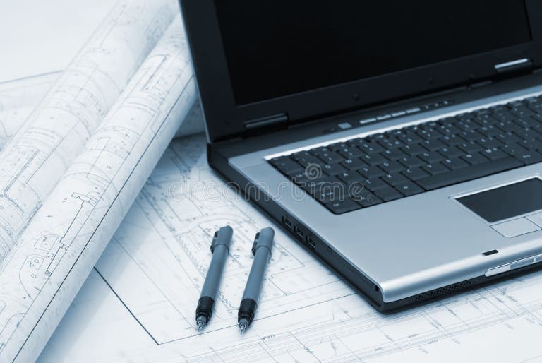 Computer and Architectural Plans in Blue Tint Stock Image - Image of ...