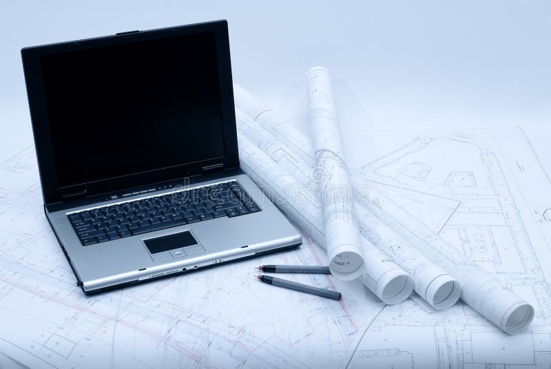 Computer and Architectural Plans in Blue Tint Stock Image - Image of ...