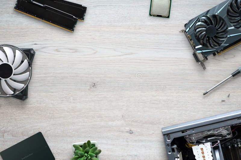 Computer Assembly Concept. Composition of Computer Parts on Wooden Desk ...