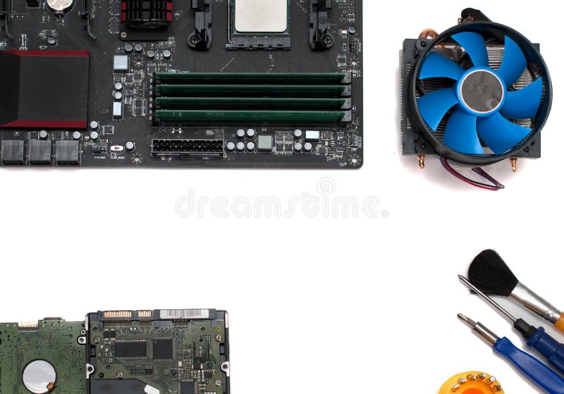Computer Assembly Details and Tools on a White Background Stock Photo ...