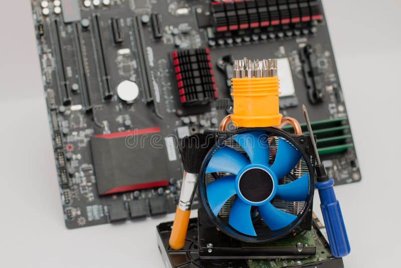 Computer Assembly Details and Tools on a White Background Stock Photo ...