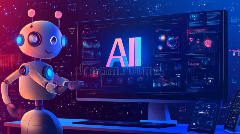 Computer Assistant or Robot - Stock Illustration of a Robot Working on ...