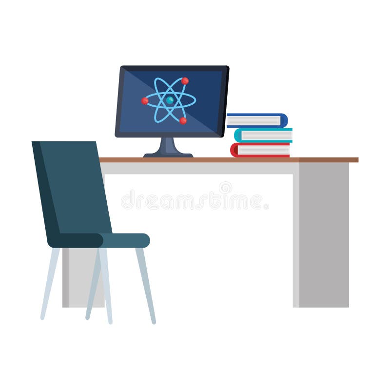 Computer with Atom Molecule in Desk and Books Stock Vector ...