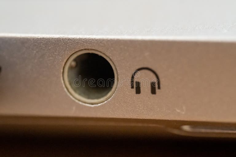 Computer Audio Port Very Close Up on a Silver Computer for Audio ...