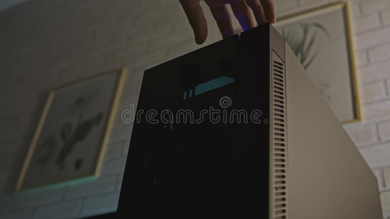 Computer with Backlight. Clip. Man Turns on Computer with Backlight ...