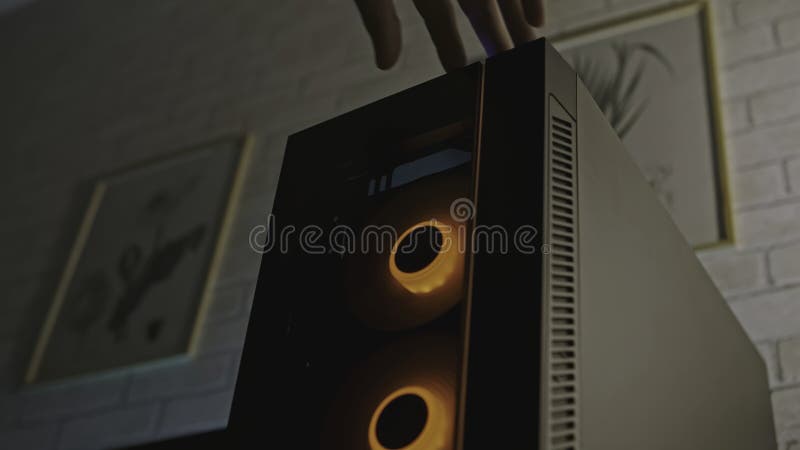 Computer with Backlight. Clip. Man Turns on Computer with Backlight ...