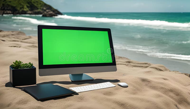 Computer on a Beach with Green Screen Stock Illustration - Illustration ...