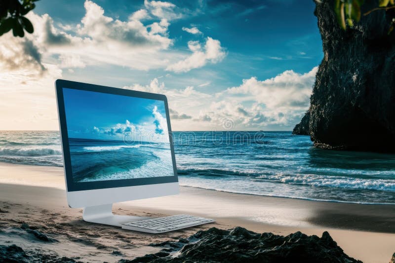 Computer on Beach with Ocean View and Dramatic Clouds during Golden ...
