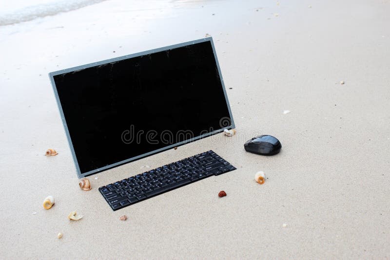 The computer on the beach. stock photo. Image of ocean - 84912276