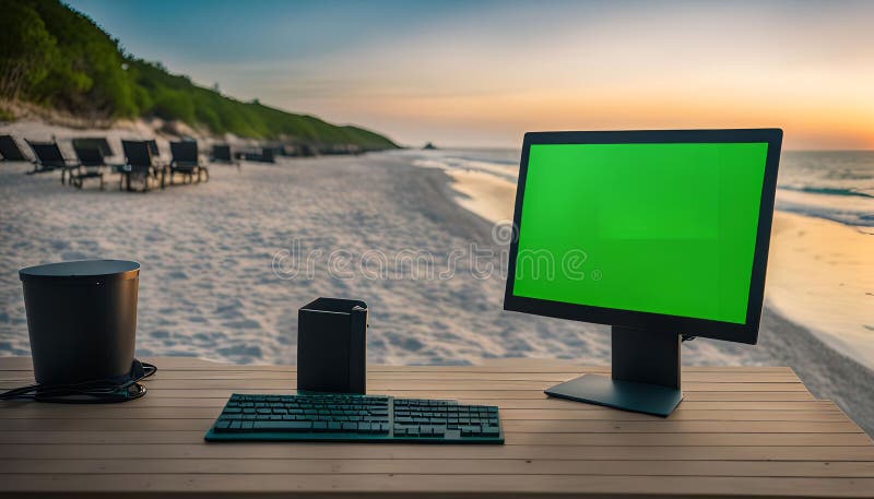 Computer on a Beach at Sunset Stock Illustration - Illustration of ...