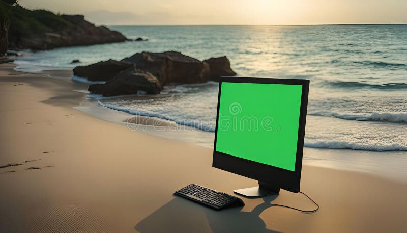 Computer on the Beach at Sunset Stock Illustration - Illustration of ...