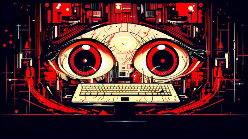 Computer with Big Eyes and Keyboard in Front of Red Background ...