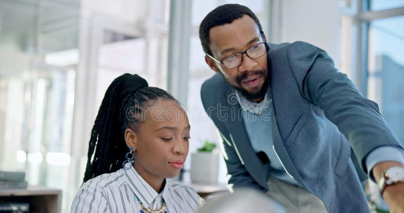 Computer, Black Woman and Manager Training or Employee Coaching and Helping with Project, Work ...