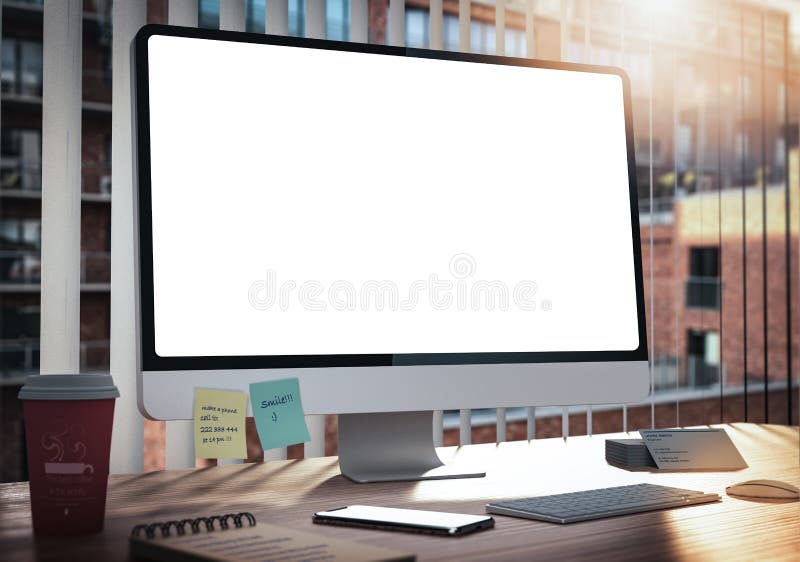 Computer with Blank Screen with Keyboard on Desk Stock Image - Image of ...