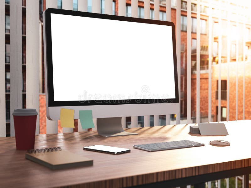 Computer with Blank Screen with Keyboard on Desk Stock Image - Image of ...