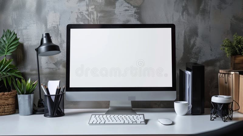 Computer Blank Screen on Table in Modern Office Stock Illustration ...