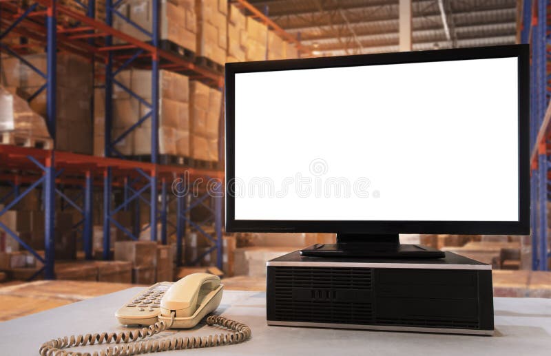 Computer Blank Screen on Table in Warehouse Space. Warehouse Inventory ...