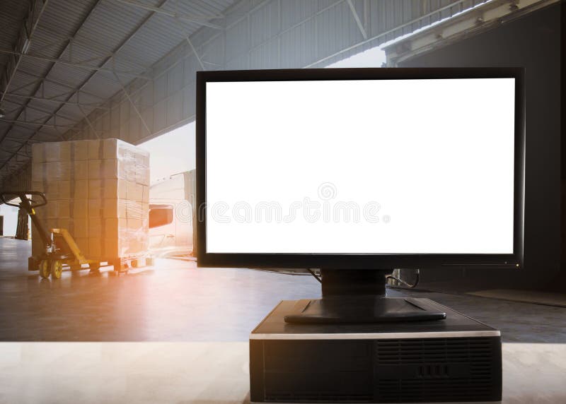 Computer Blank Screen on Table in Storage Warehouse Space. Warehouse ...