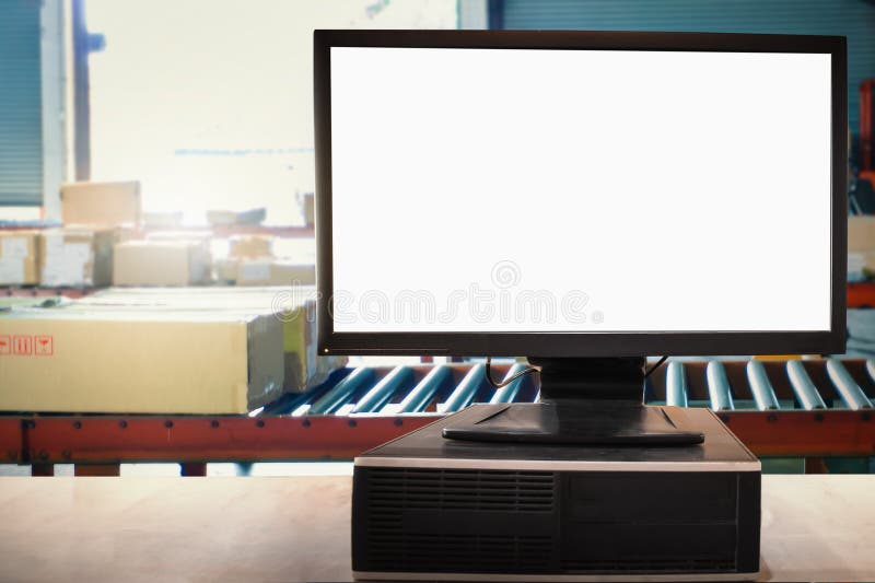 Computer Blank Screen on Table in Warehouse. Package Boxes. Warehouse ...