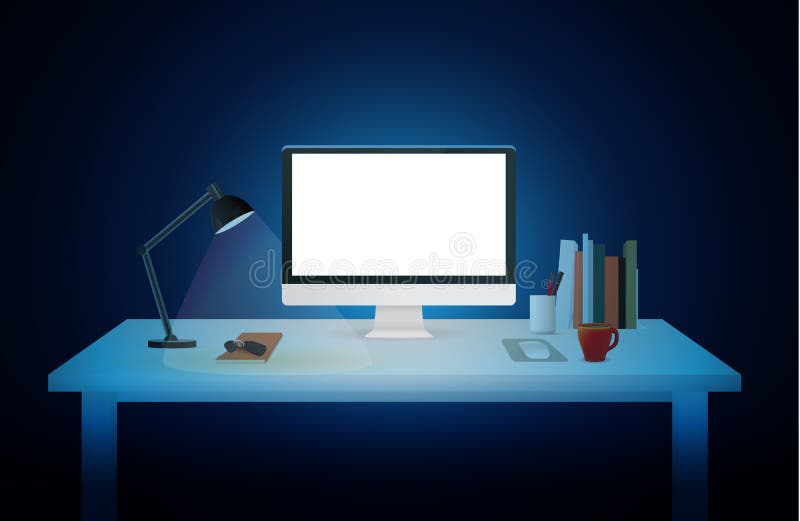 Computer Blank Screen on Work Desk in Dark. Stock Vector - Illustration ...