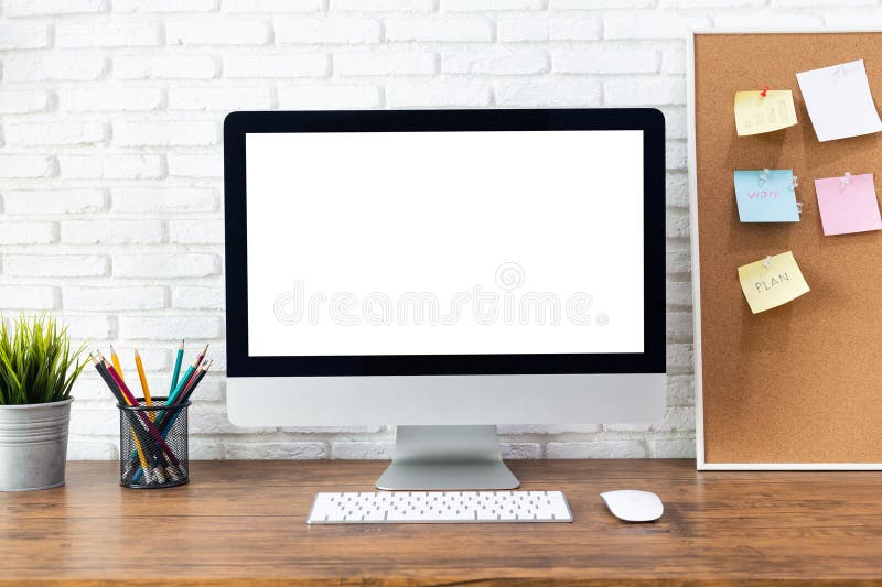 Computer with Blank White Screen, with Workspace and Office Supplies on ...