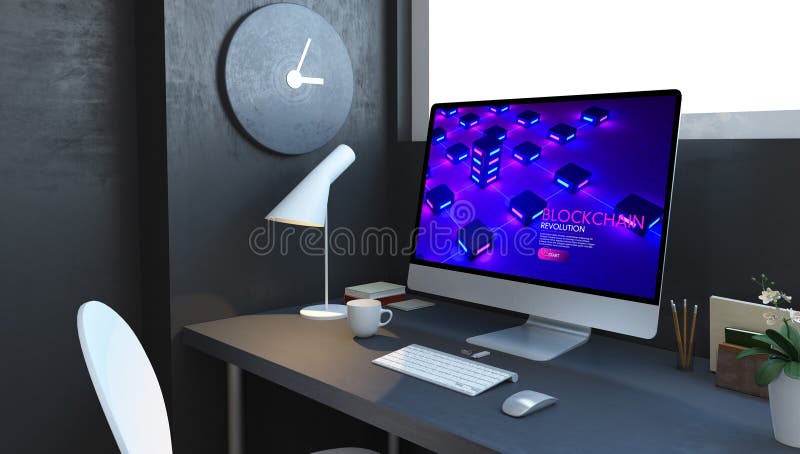 Computer with Blockchain Website at Navy Desktop Stock Illustration ...