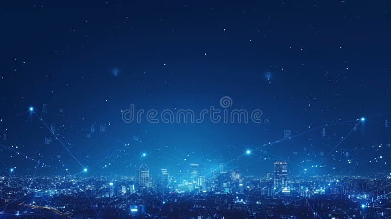 City Skyline on Computer Blue Screen with Charts and Data, Programming ...