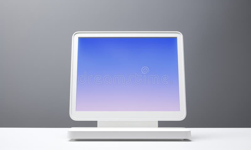 Computer with Blue Screen on Grey Wall Background with Copy Space Stock ...