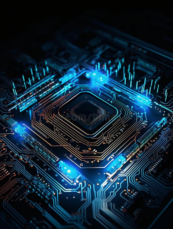 Computer Board with Central Processing Unit and Blue Lights Digital Art ...