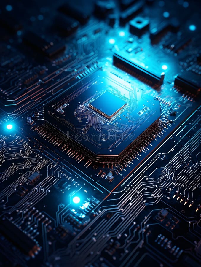 Computer Board with Central Processing Unit and Blue Lights Digital Art ...