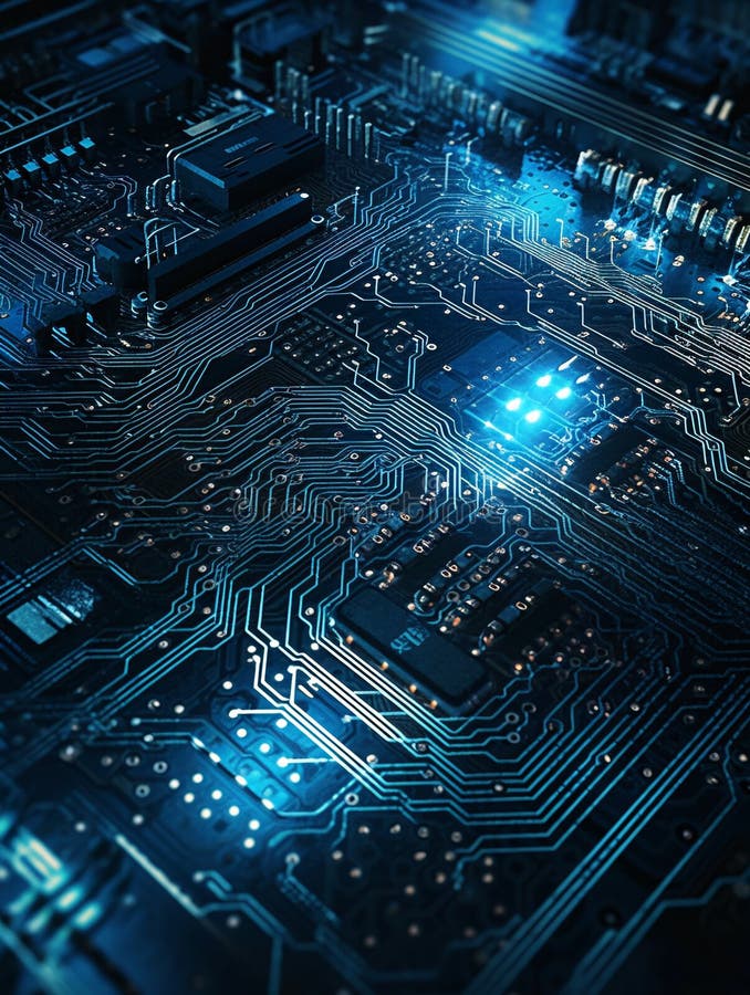 Computer Board with Central Processing Unit and Blue Lights Digital Art ...