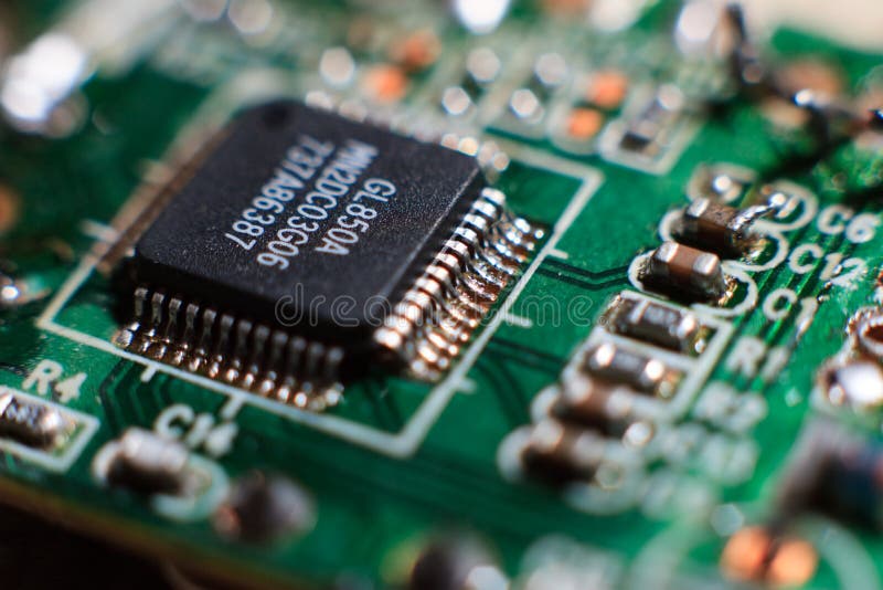 Computer Motherboard. Chip Close Up on a Integrated Circuit. Electronic ...