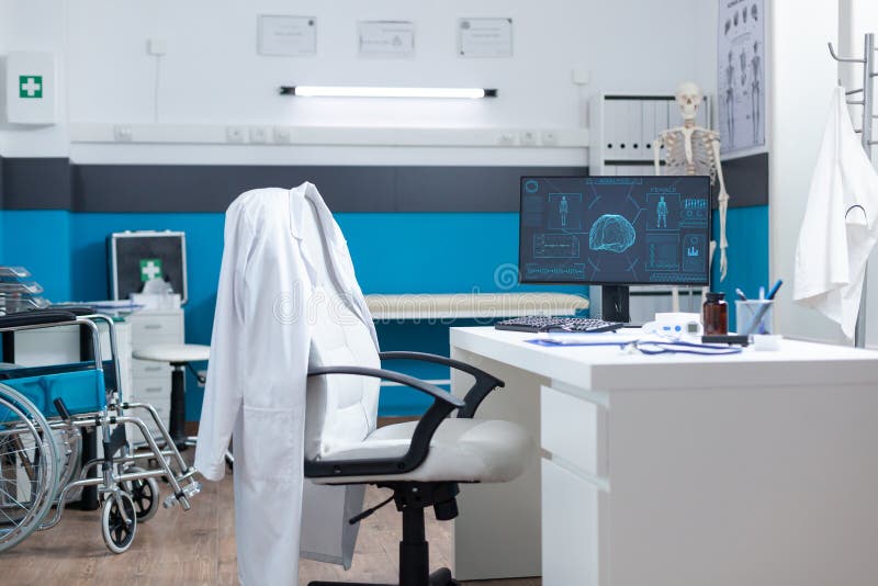 Computer with Body Structure on Screen Standing on Table Stock Image ...