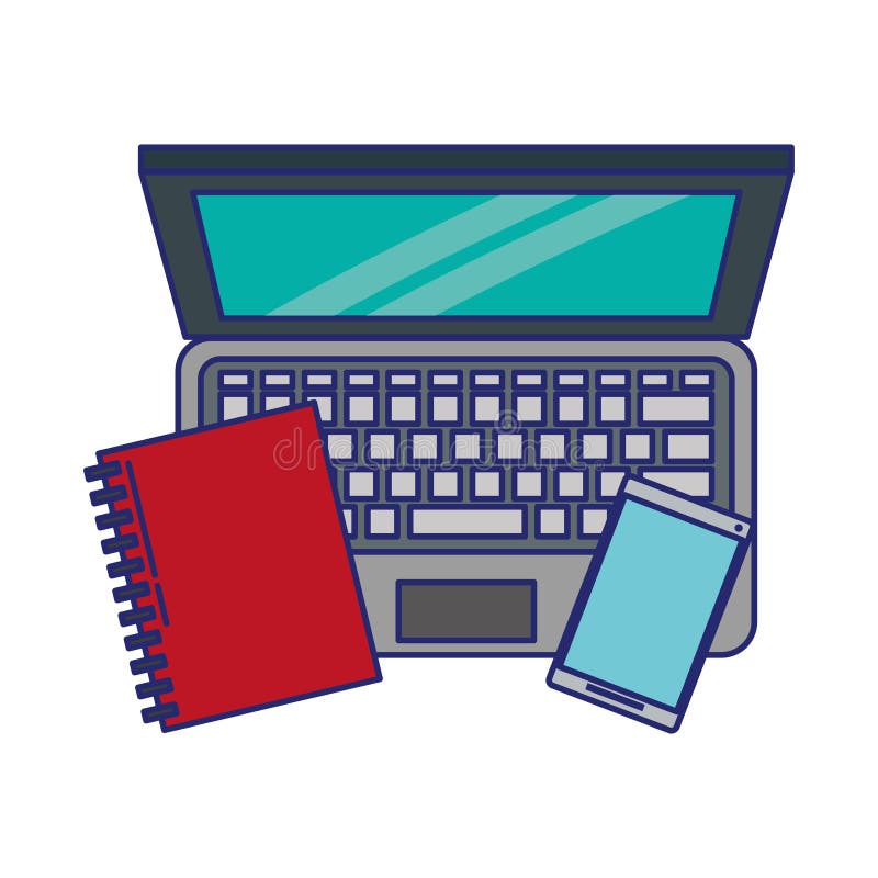 Computer with Book and Cellphone Blue Lines Stock Vector - Illustration ...