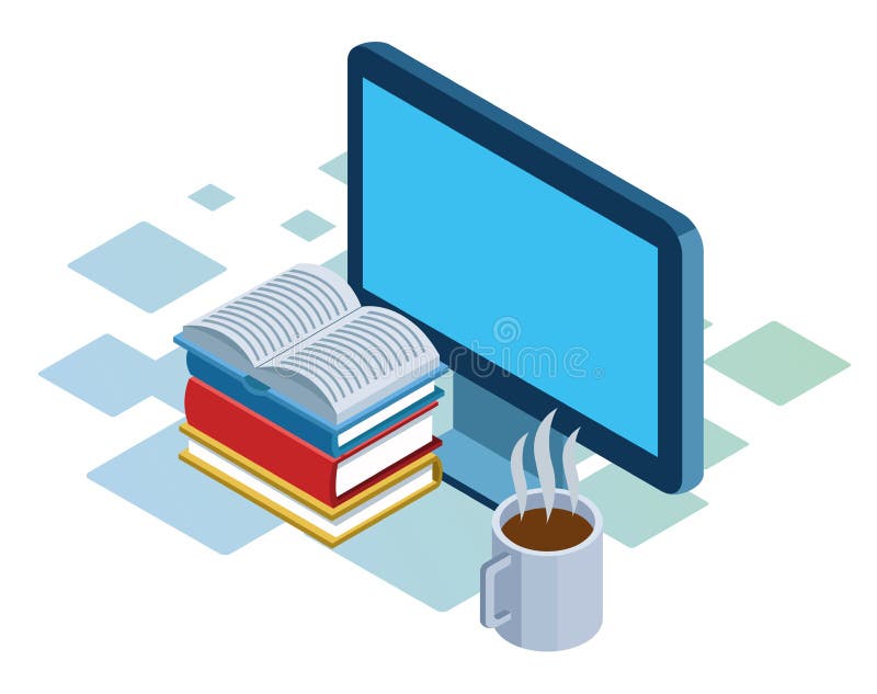 Computer and Books with Pens in Cup Stock Vector - Illustration of ...