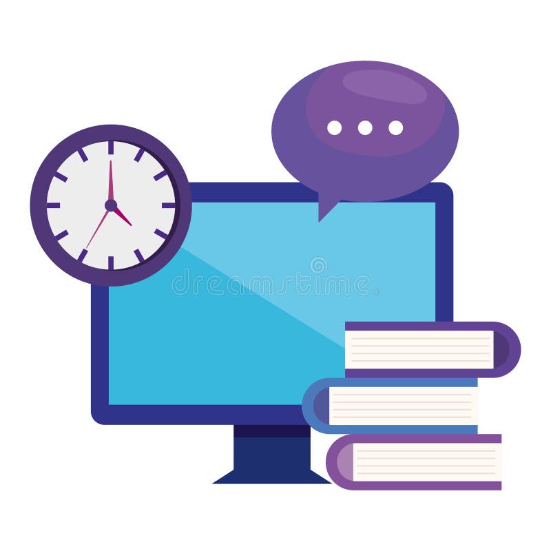 Computer with Books and Time Clock Stock Vector - Illustration of icon ...
