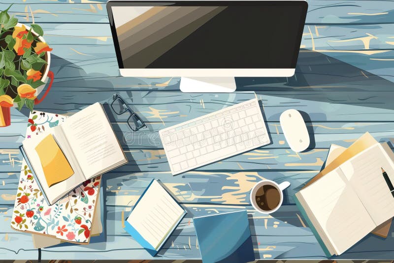 Computer with Books - Top View. Online Education and E-book Concept ...