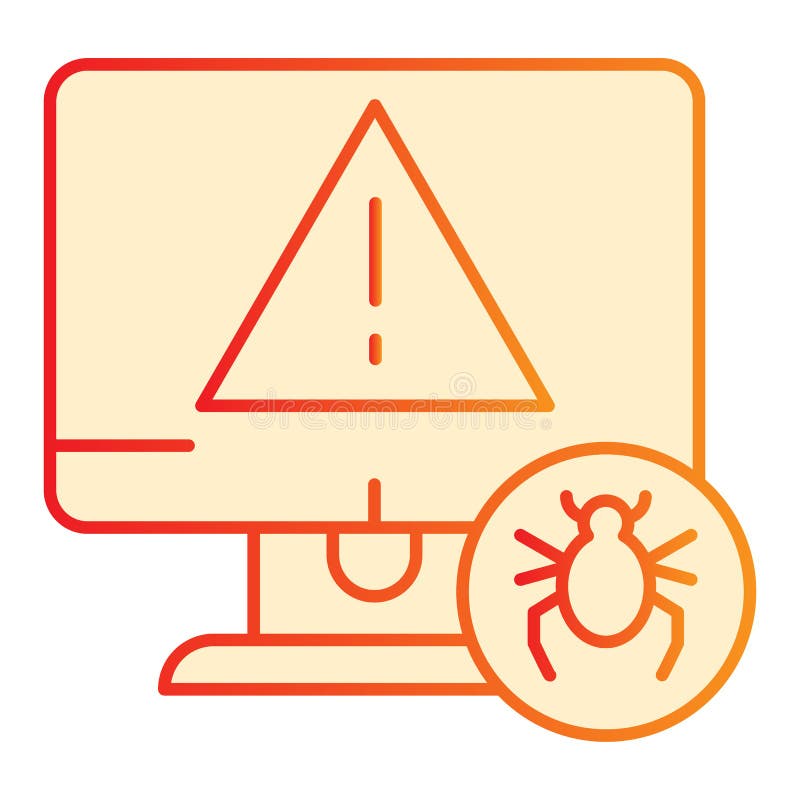 Computer with Bug Flat Icon. Alert Message on Desktop Orange Icons in ...