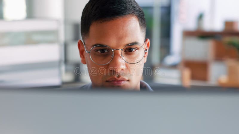 Computer, Business Man Reading and Thinking with Data Analytics and ...