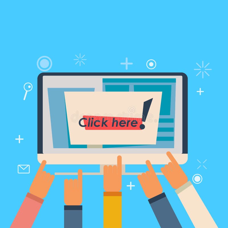 Computer with the Button Click Here. Hands Point To the Inscription ...