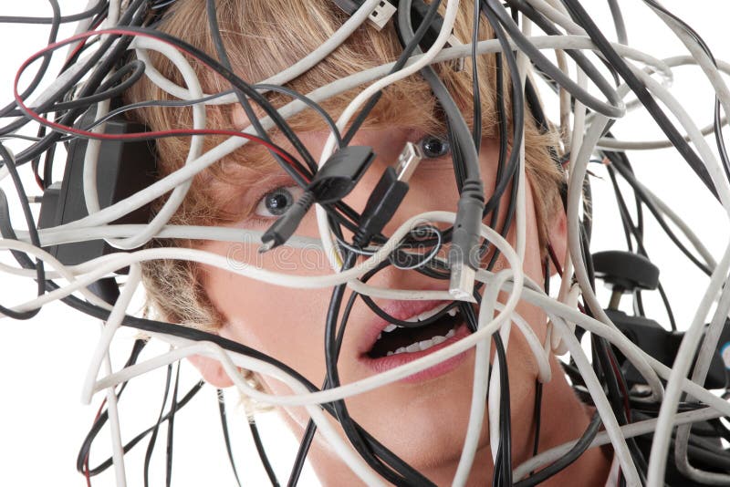 Man wrapped in cables. stock photo. Image of high, confused - 2431812