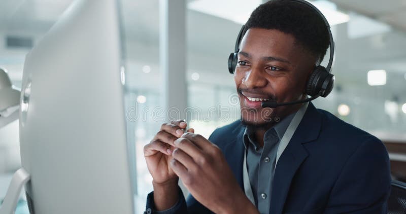 Computer, Call Center and Happy with Man Talking and Support at Help ...