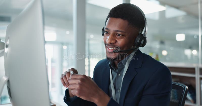 Computer, Call Center and Happy Black Man Talking, Crm and Technical ...